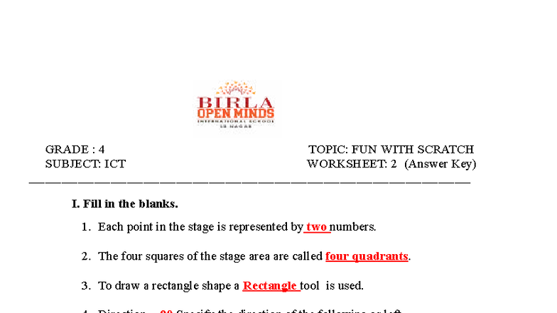 G4 ICT CH7 Worksheet 2 Answer Key - Fun with Scratch - Studocu