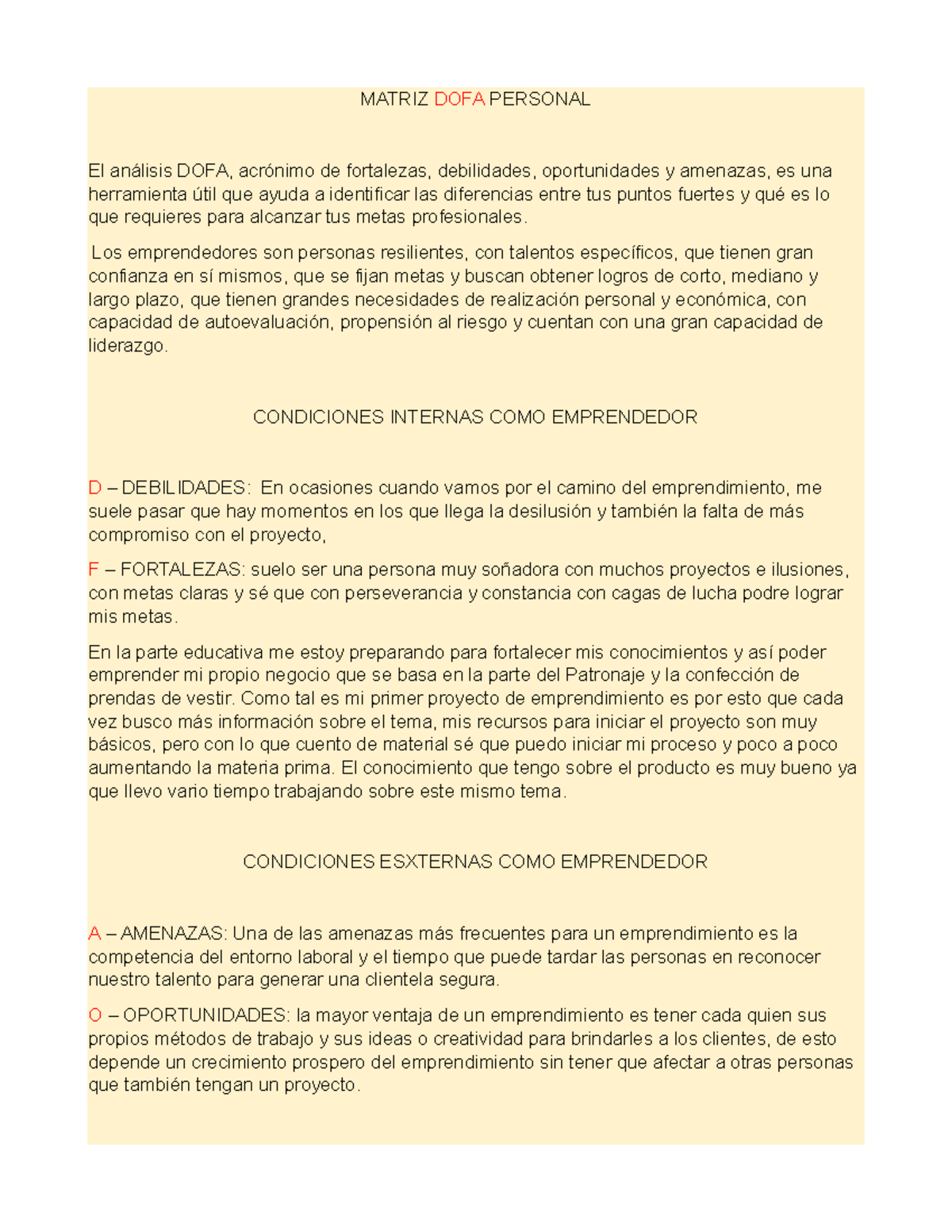 002 Matriz DOFA Personal de Nikoll Rivera para Emprendimiento - Studocu