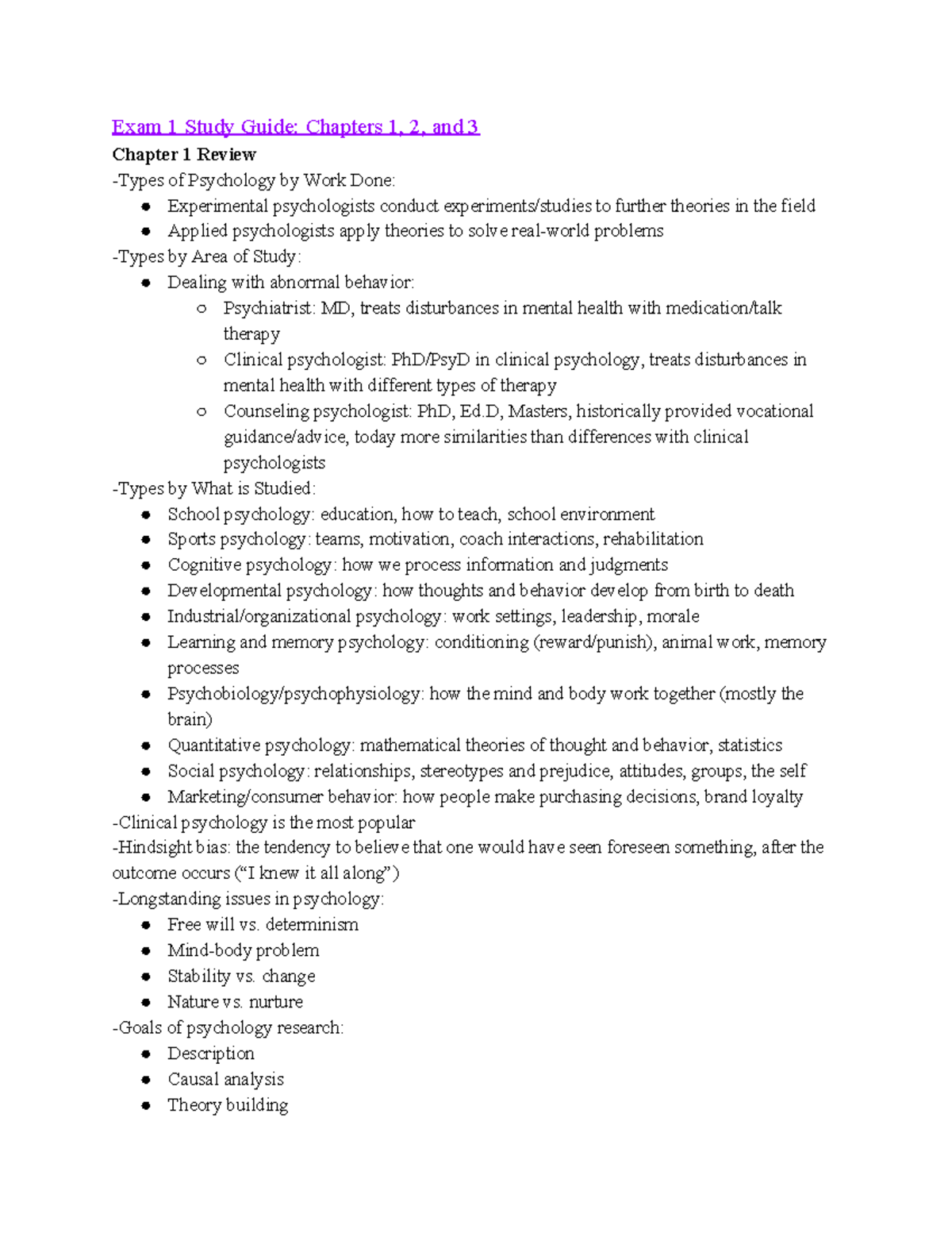 Psychology 101: Exam 1 Study Guide for Chapters 1-3 Overview - Studocu