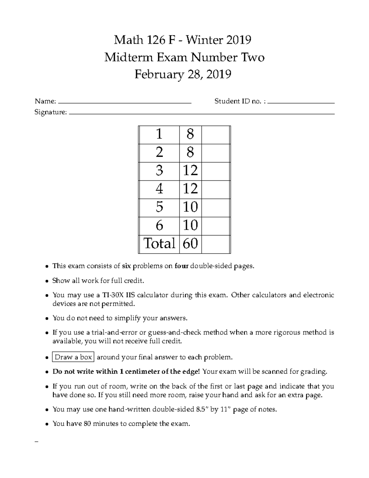 Math 126 F - Winter 2019 Midterm Exam II - 28 Feb, 2019 - Studocu