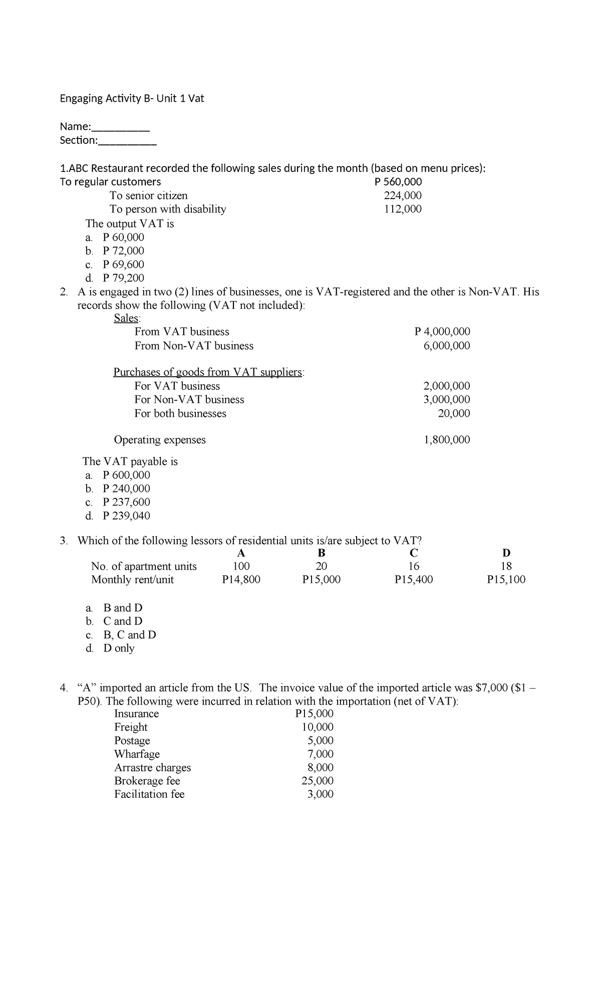 Roncal, Andrei G. - Engaging Activities B-Unit 1 Value Added tax - Engaging Activity B- Unit 1 ...