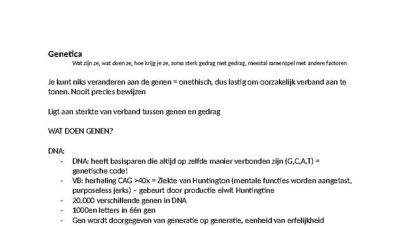 Genetica en Gedrag: Wat Doen Genen? (KOM Aantekeningen) - Studeersnel