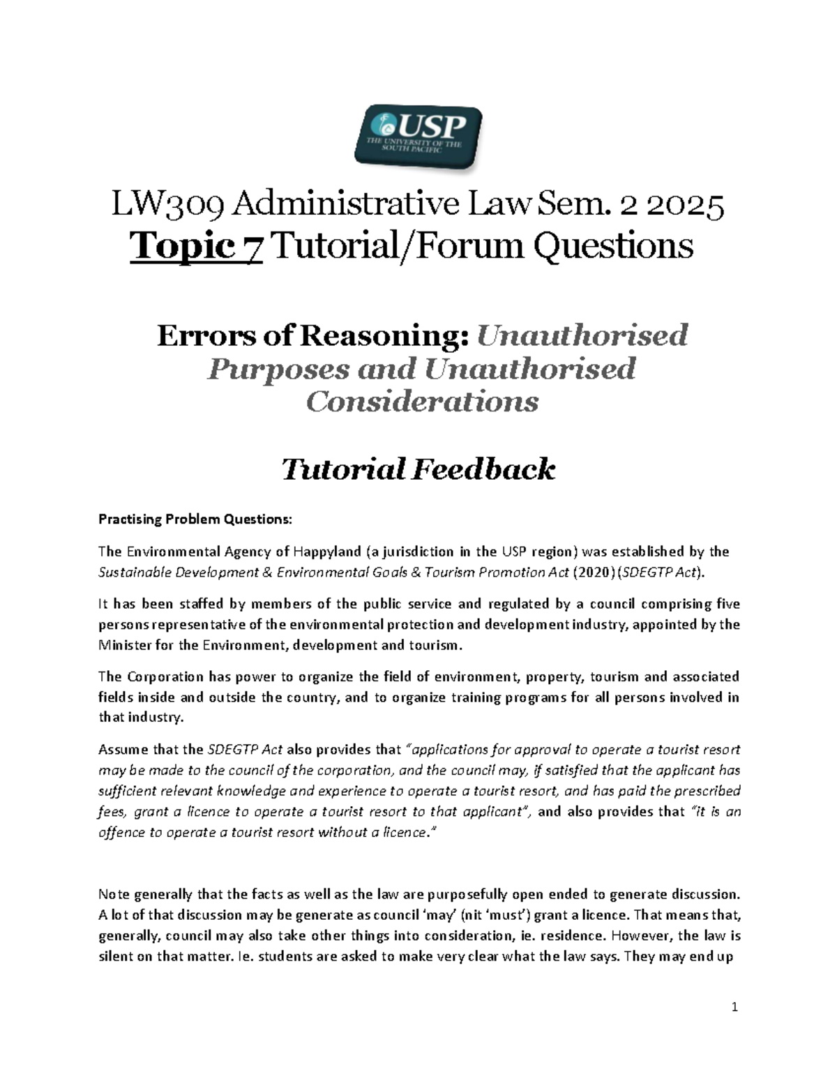 LW309 Administrative Law Sem. 2 2025 Topic 7 Tutorial Feedback - Studocu