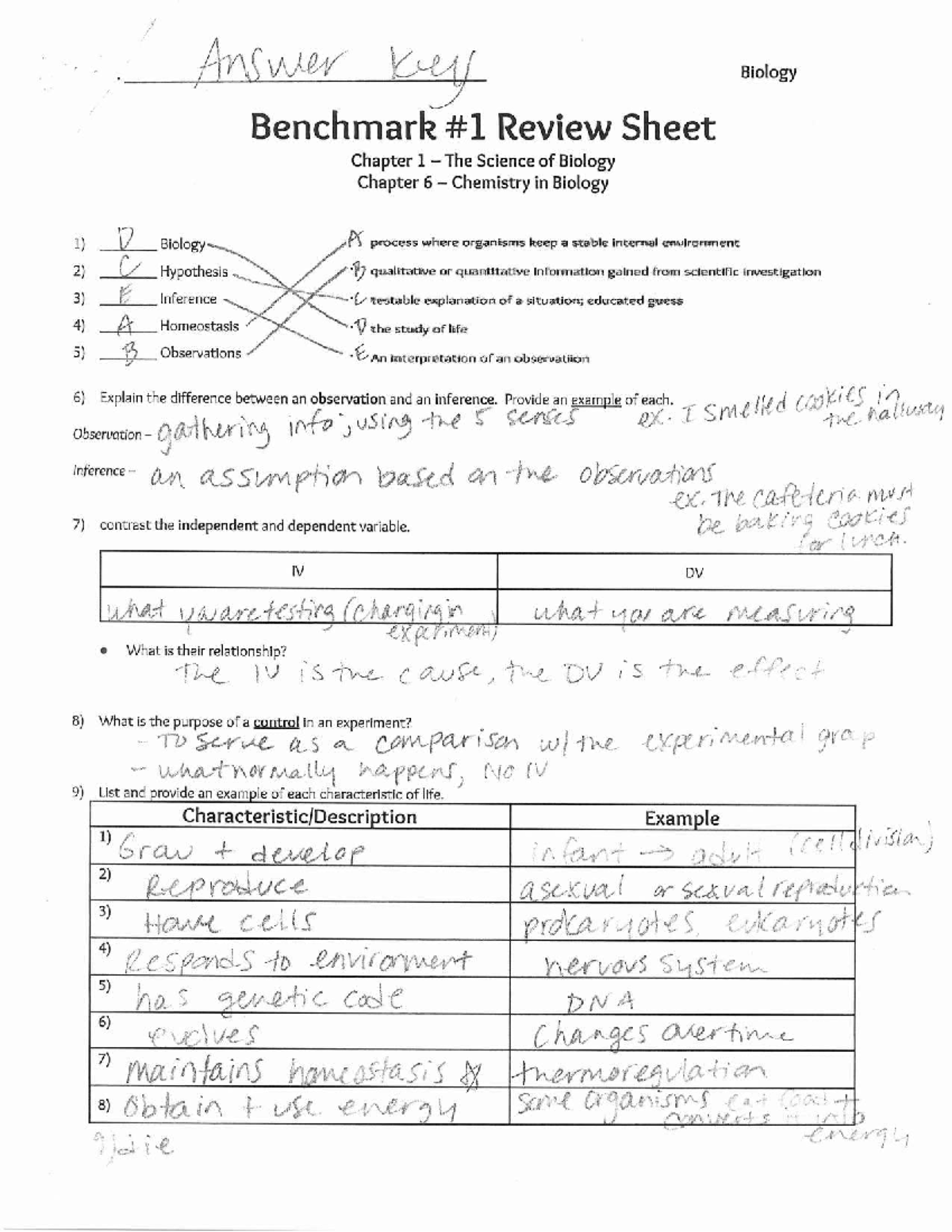 Biology Benchmark Review Sheet: Chapters 1 & 6 Answer Key - Studocu