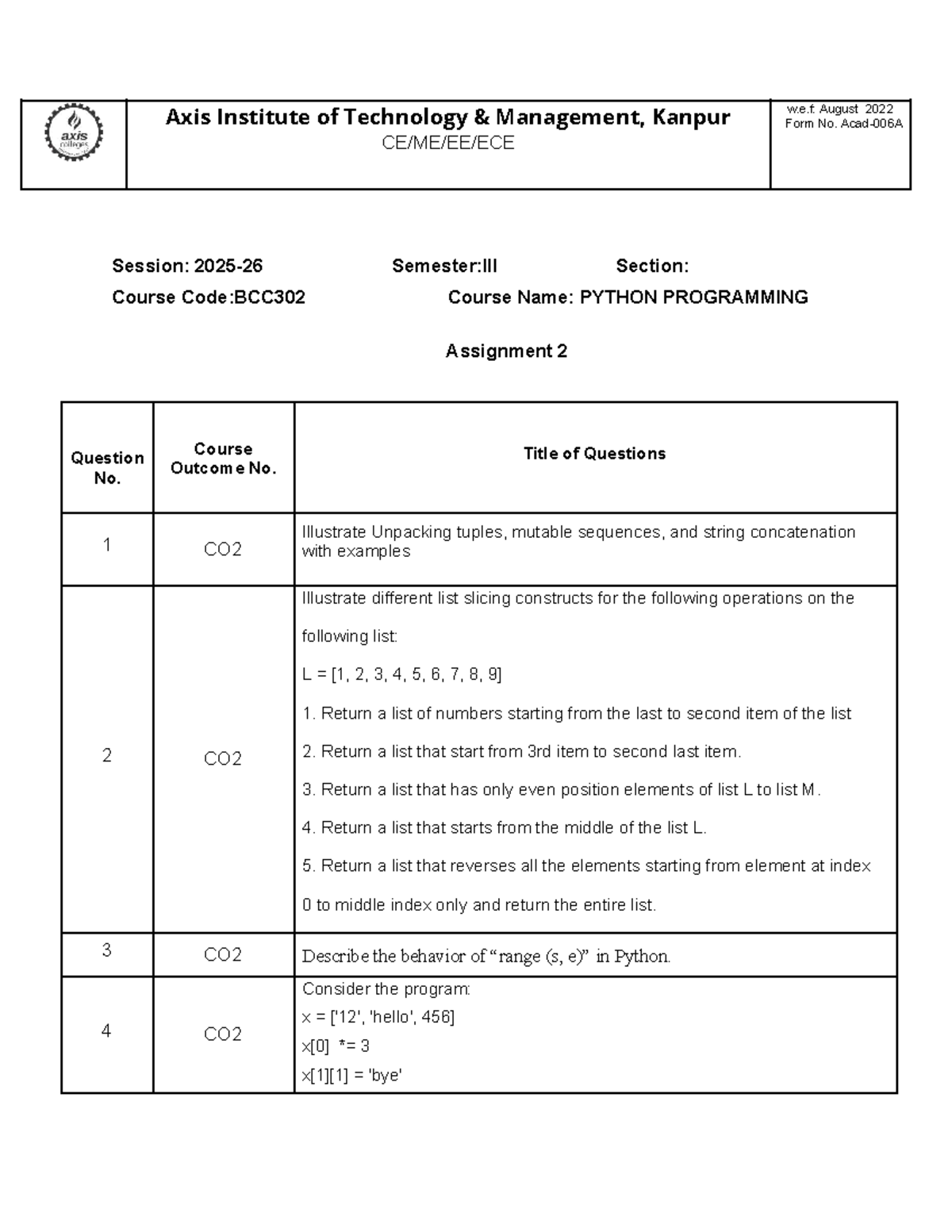 BCC302 Python Programming Assignment 2: Tuples, Lists & Slicing - Studocu