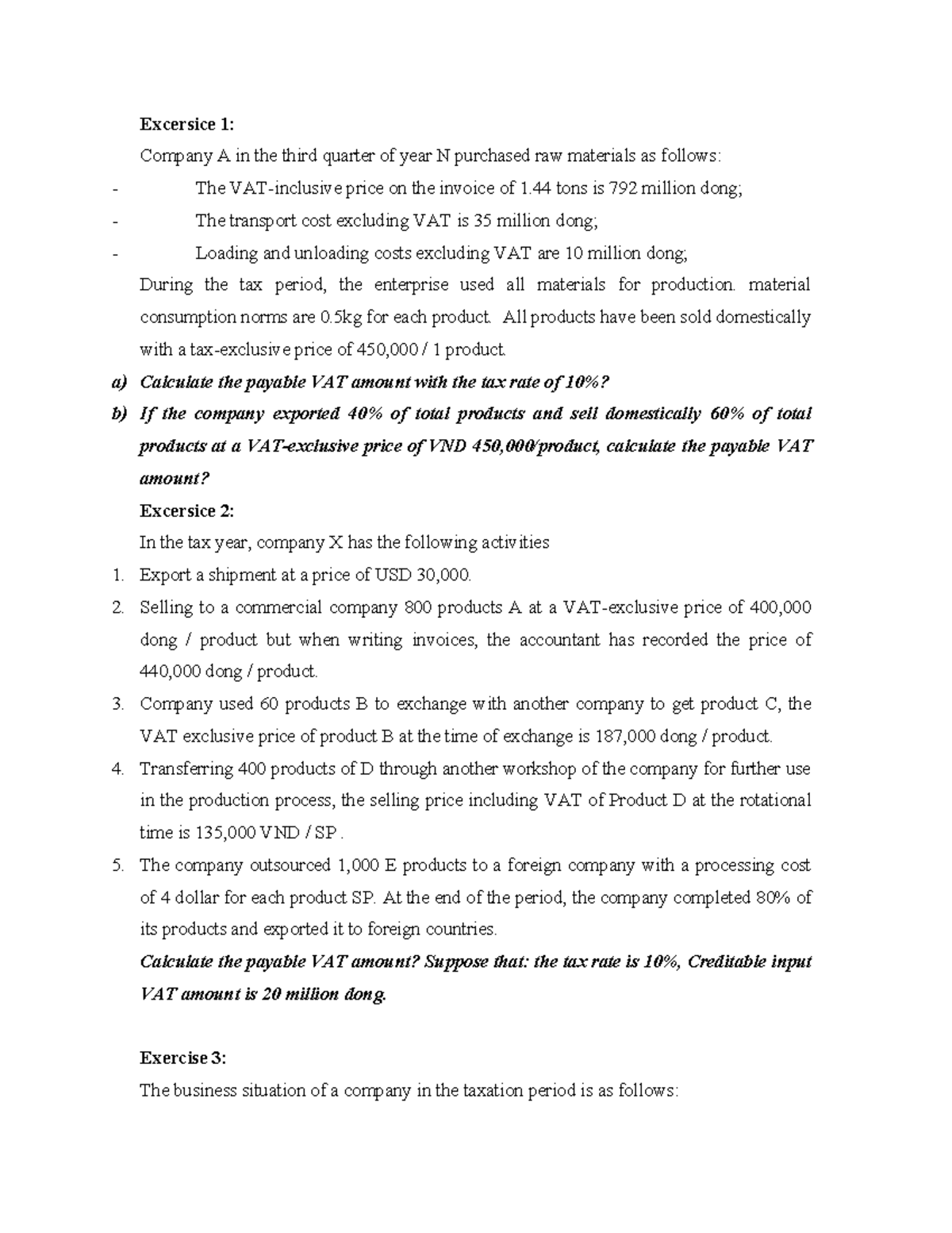 Exercise VAT Calculation and EIT Assessment for Tax Periods A, B, C, D ...
