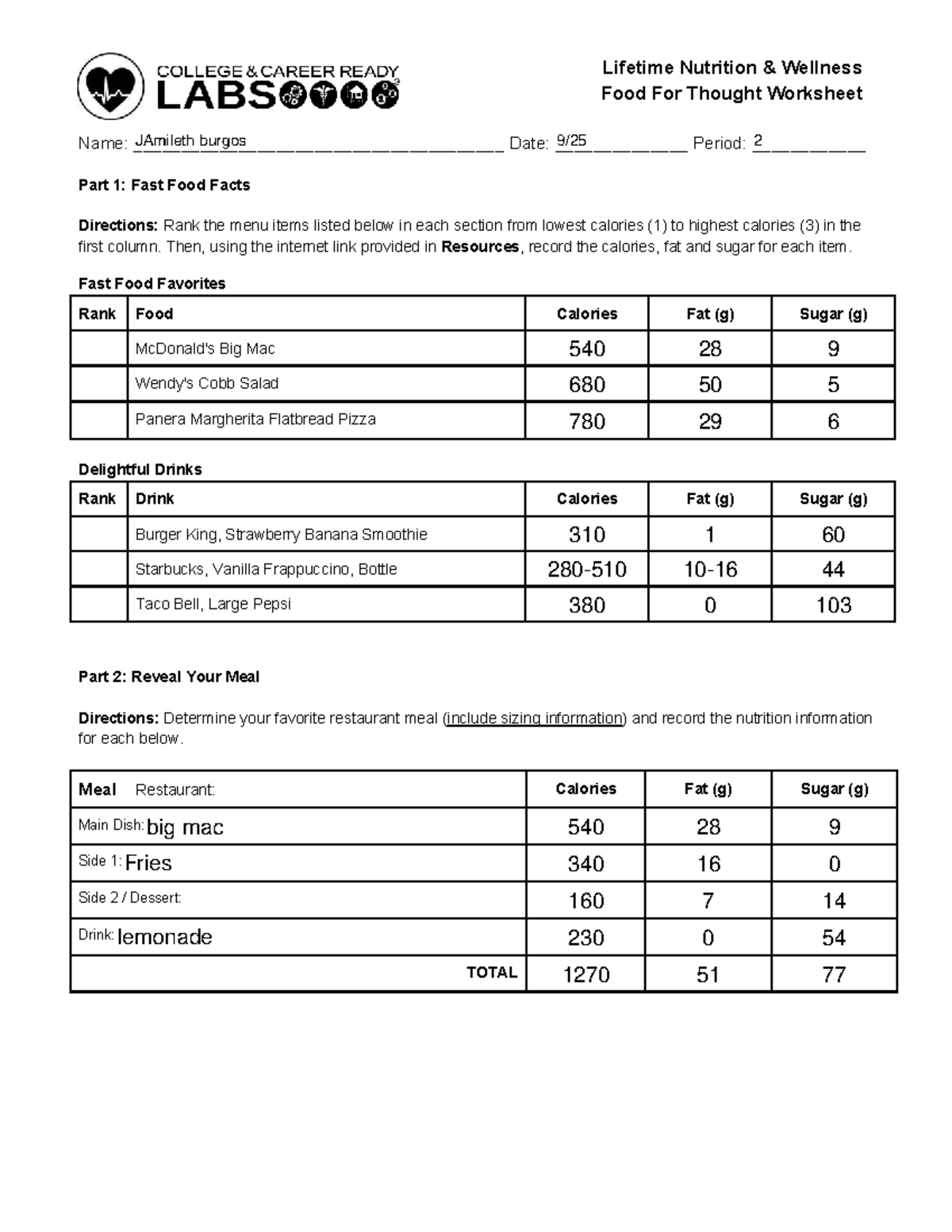 Lifetime Nutrition Wellness: Food For Thought Worksheet - Studocu