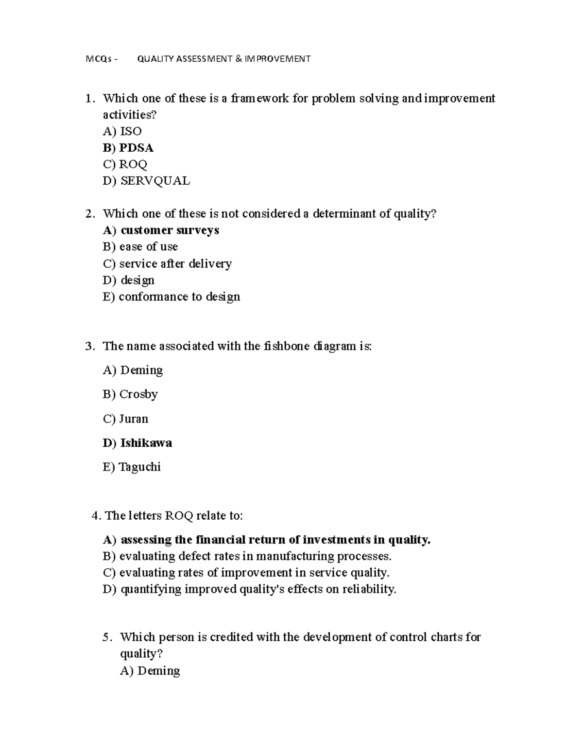 QI MCQ 3 - Quality Assessment & Improvement Questions - Studocu