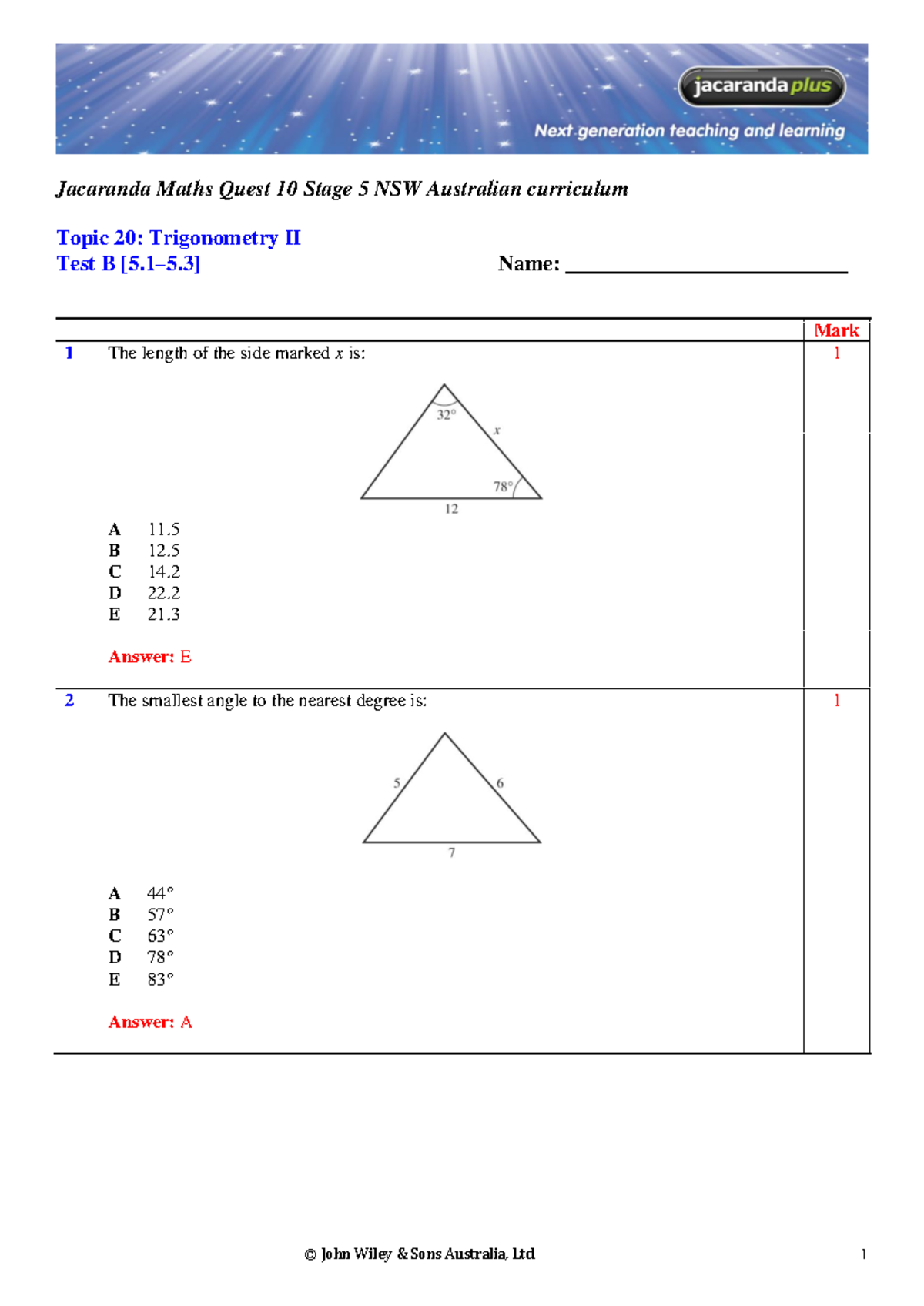 Jacaranda Maths Quest 10 Stage 5 NSW Topic 20: Trigonometry Test B ...