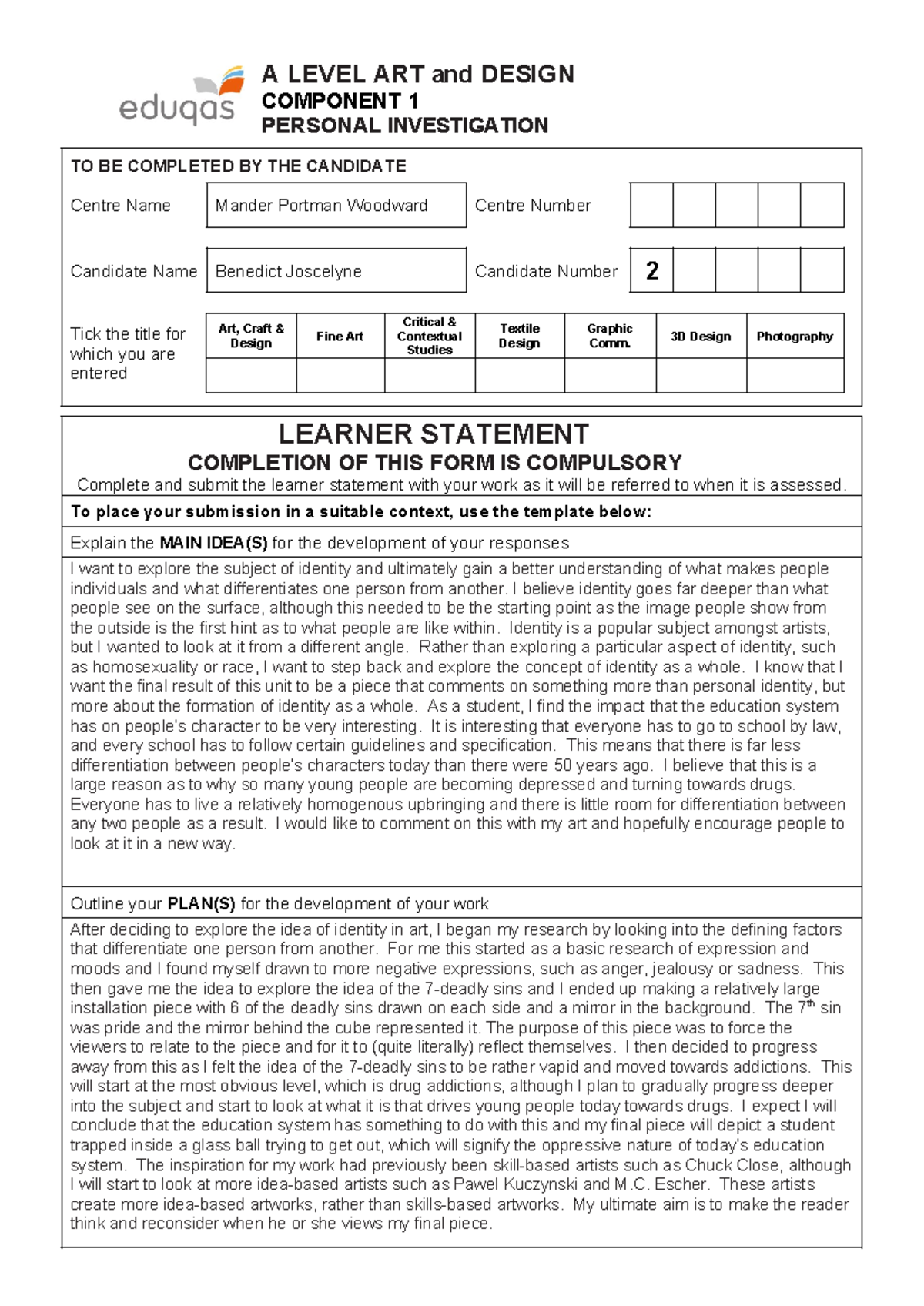 A LEVEL ART & DESIGN COMPONENT 1: PERSONAL INVESTIGATION BY B ...