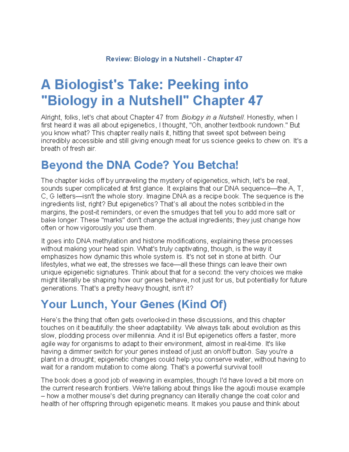 Biology for Beginners 2: Review of Chapter 47 on Epigenetics - Studocu