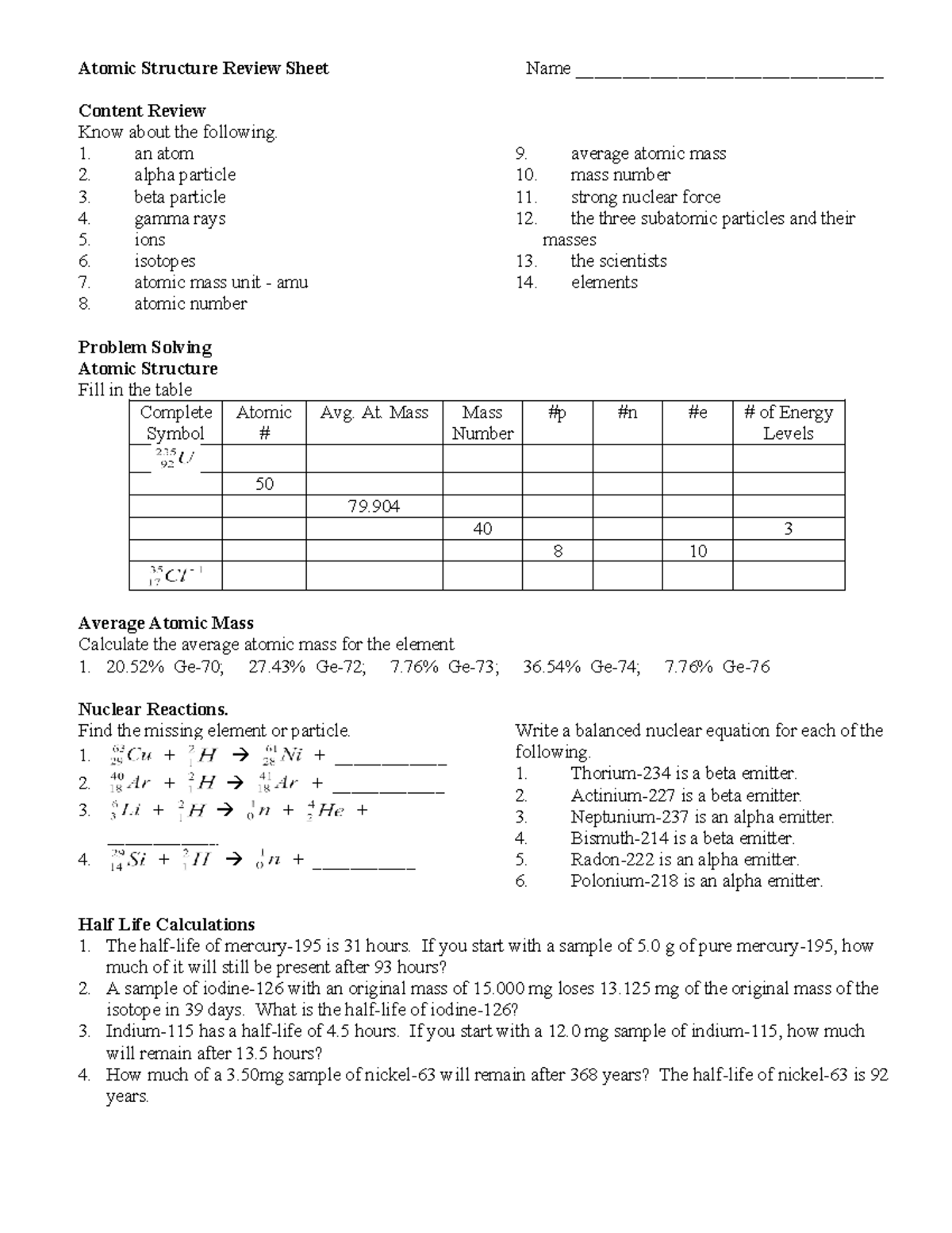 Atomic Structure Review Sheet: Key Concepts & Problem Solving - Studocu