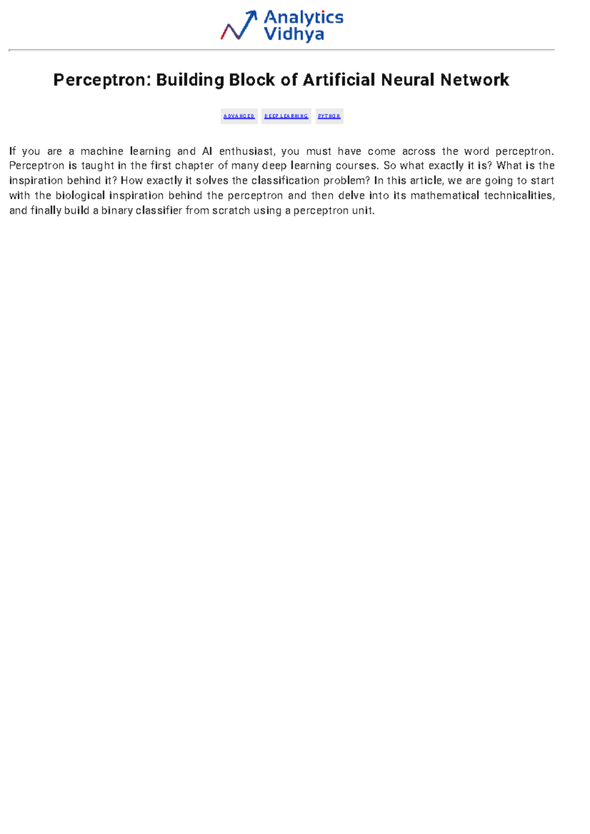 Perceptron: The Core of Neural Networks in Advanced Deep Learning PYTHON - Studocu