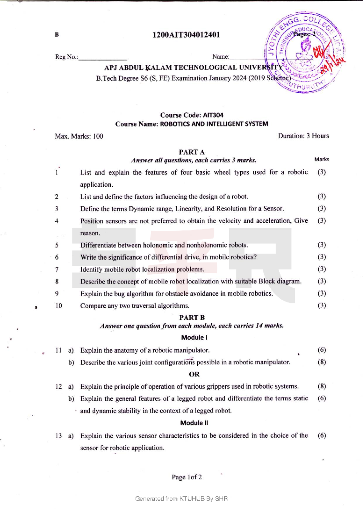 AIT304 Robotics & Intelligent Systems Exam Paper - Jan 2024 - Studocu