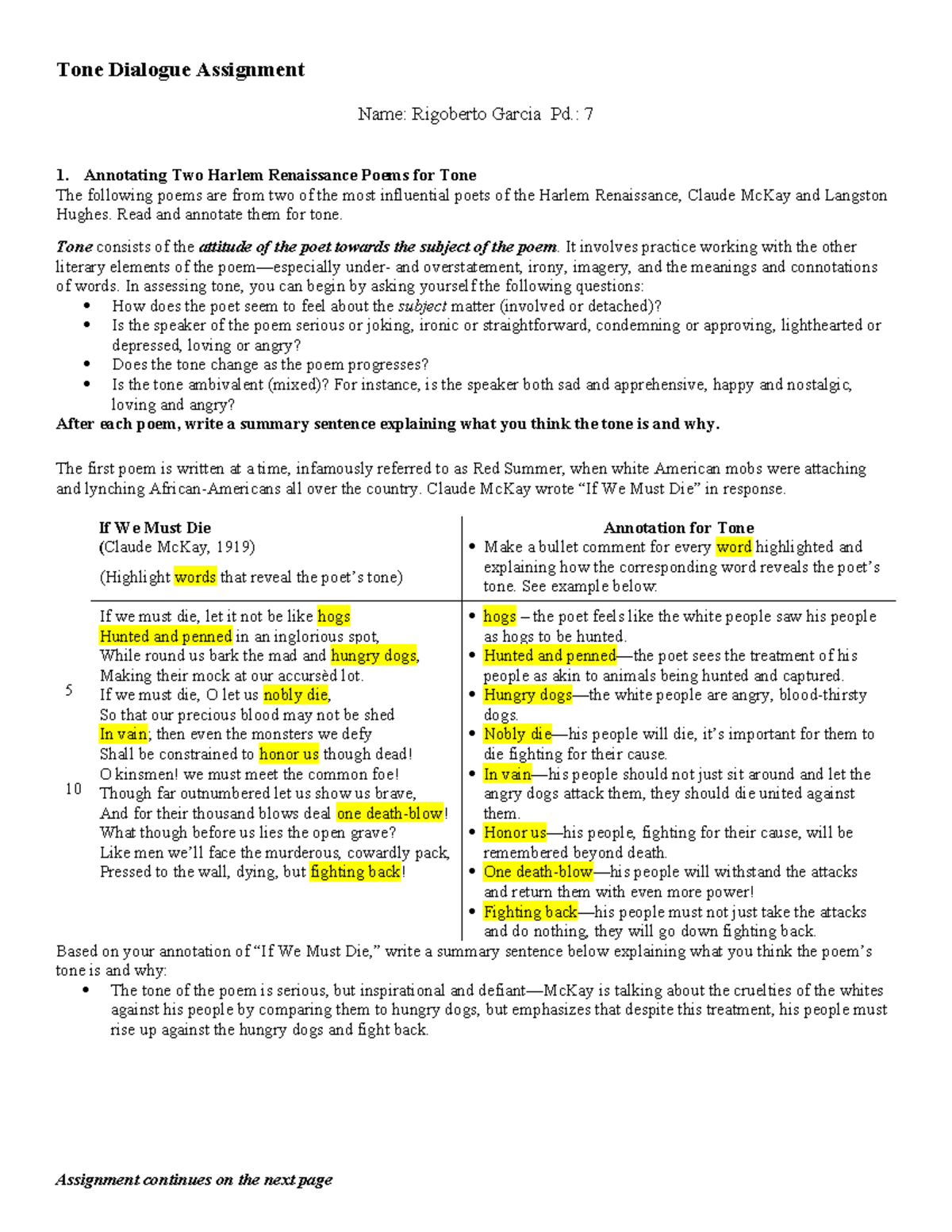The Harlem Renaissance Tone Dialogue Assignment (ENG 101) - Studocu