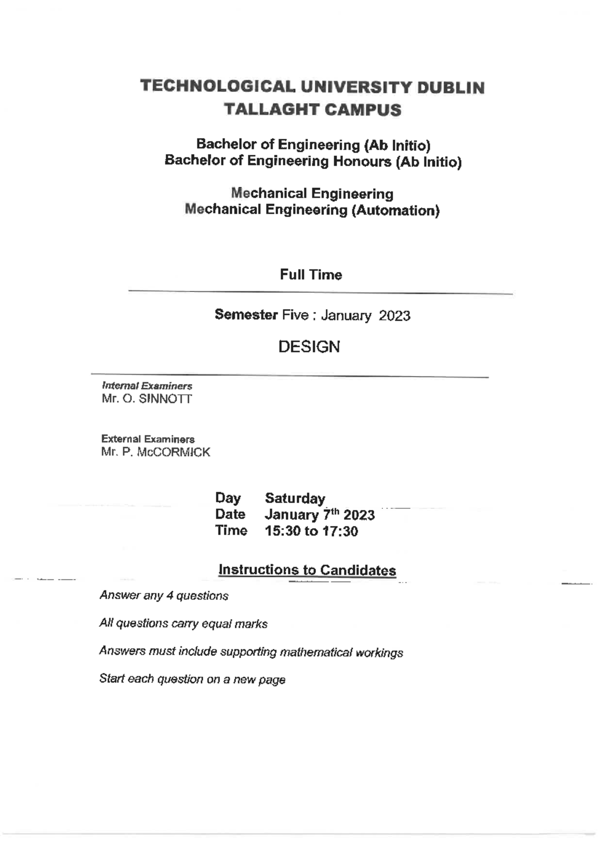 Design FT 2023 Exam: Mechanical Engineering Semester 5 - Studocu