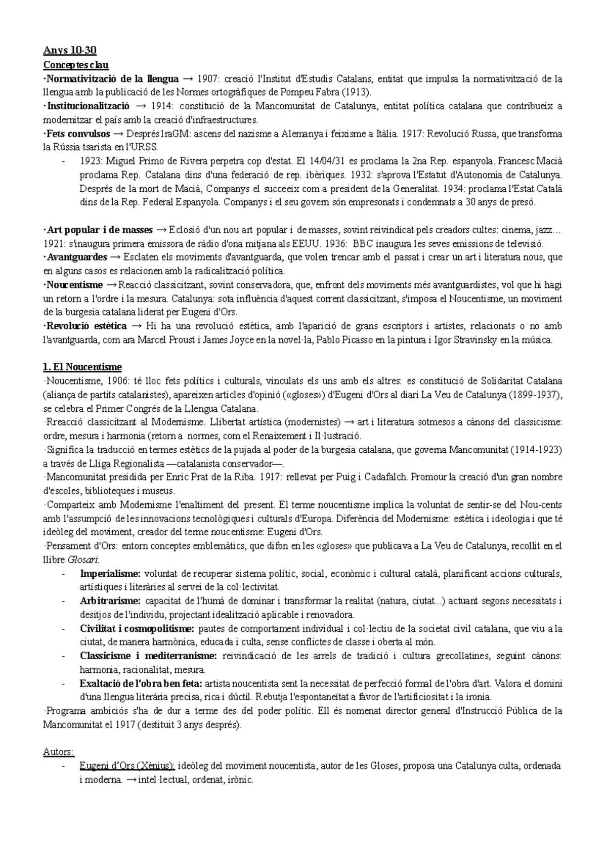 Resum de la Literatura Catalana (1910-1930): Noucentisme i Avantguardes ...