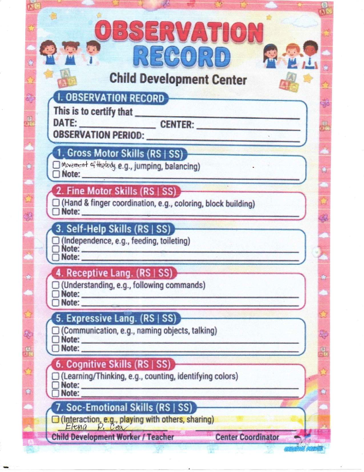 Child Development Center Observation Record (RS I SS) - Studocu