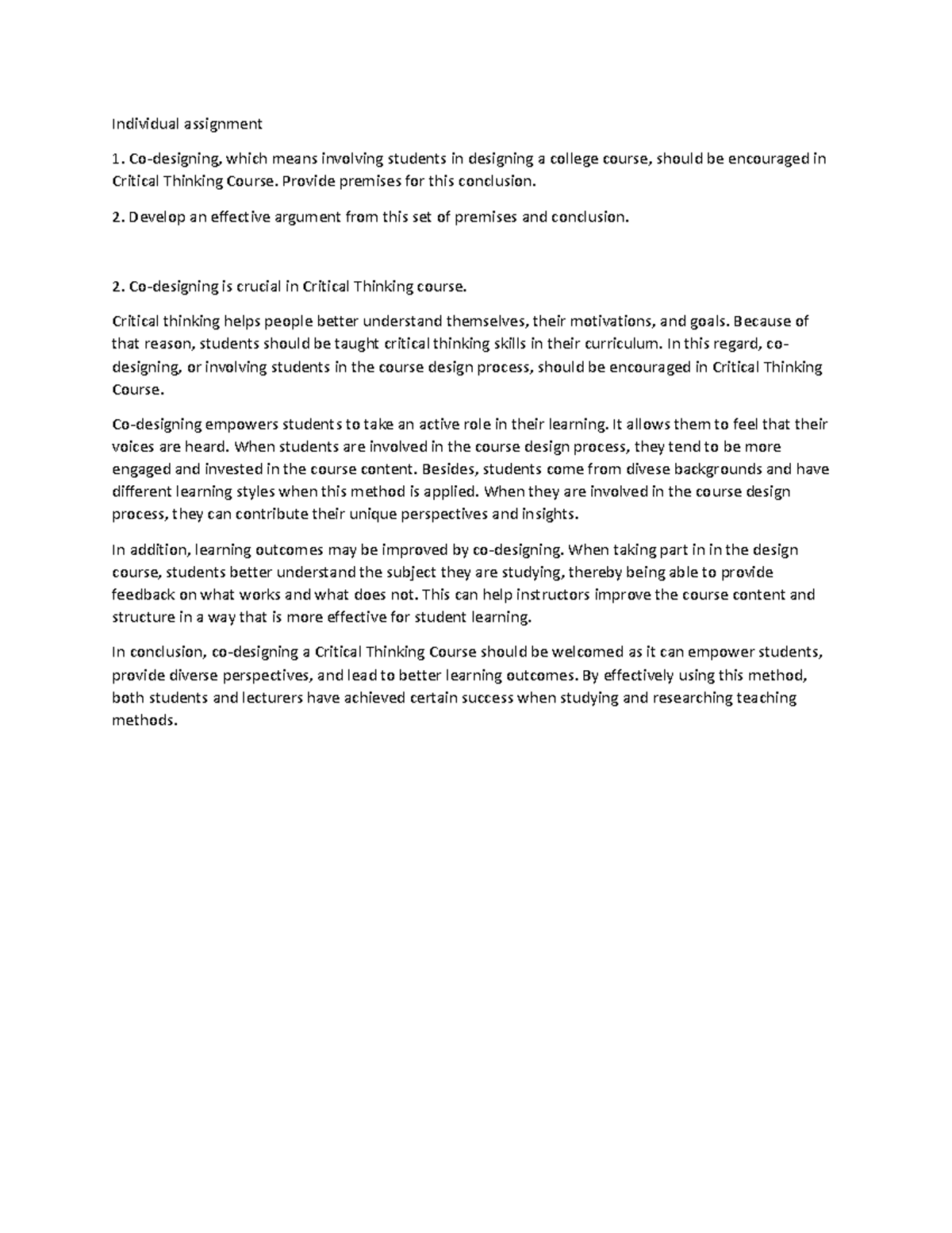 Individual assignment - Critical Thinking - Individual assignment Co ...