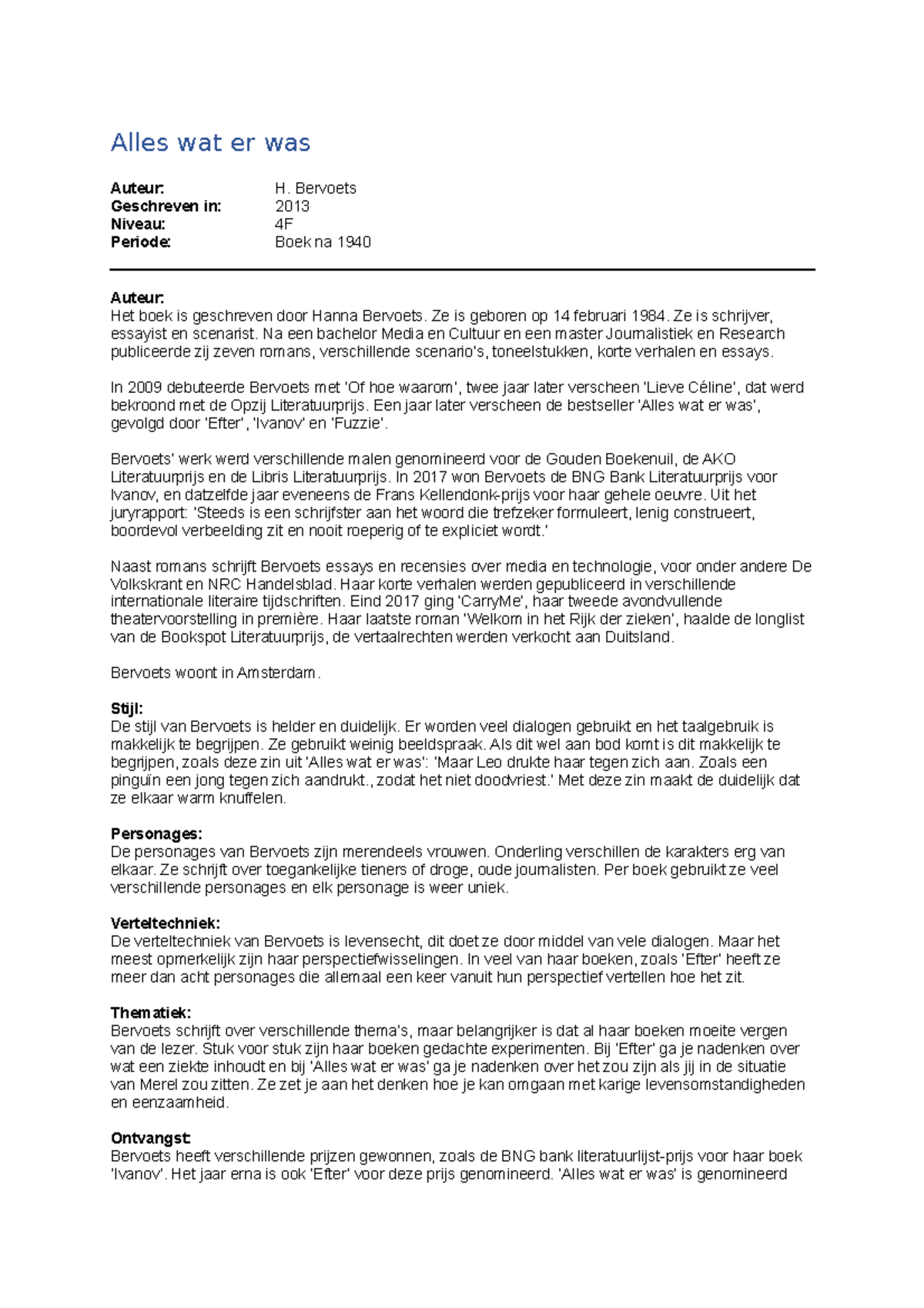 Boekverslag Over 'Alles Wat Er Was' door H. Bervoets (Niveau 4F ...