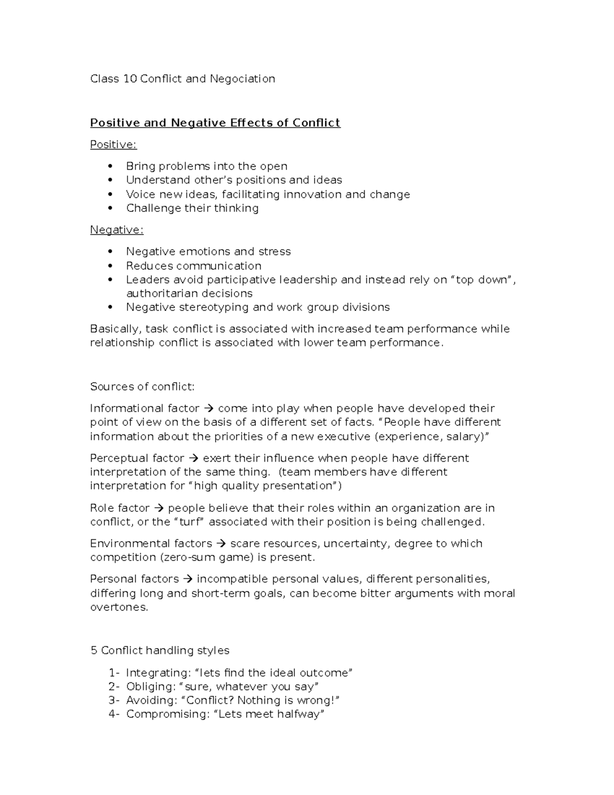 Class 10 Notes: Conflict and Negotiation - Effects, Sources, and Styles ...