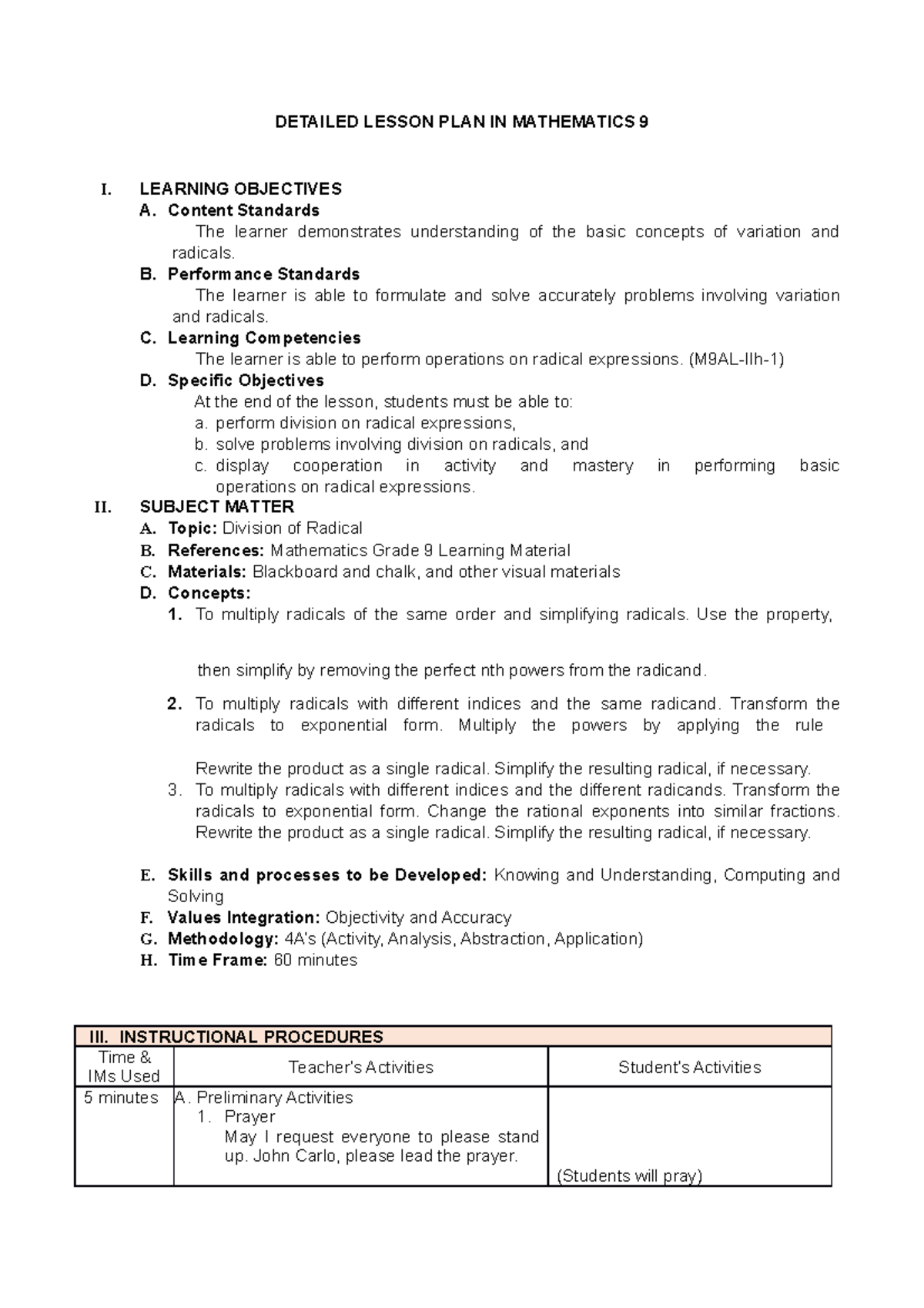 Detailed Lesson Plan for M9: Division of Radical Expressions - Studocu