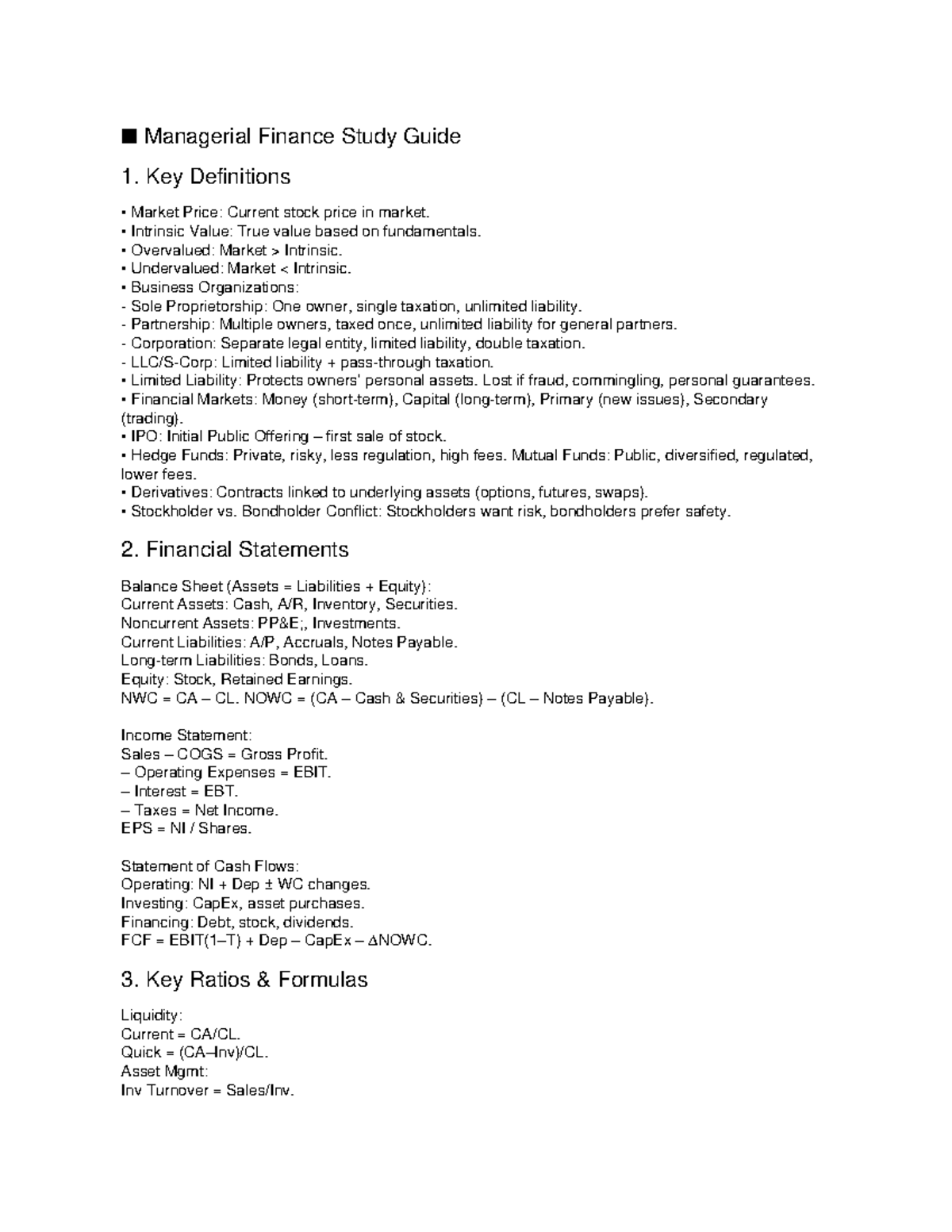 Managerial Finance Study Guide: Key Concepts & Ratios - Studocu