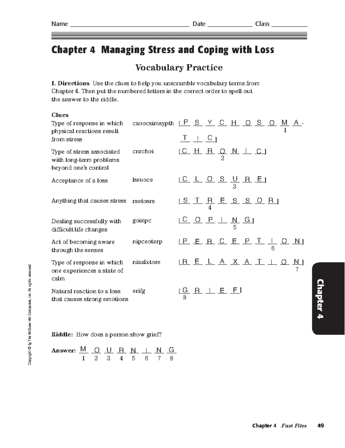 Ch. 4 Voc - Managing Stress & Coping with Loss Vocabulary Practice ...