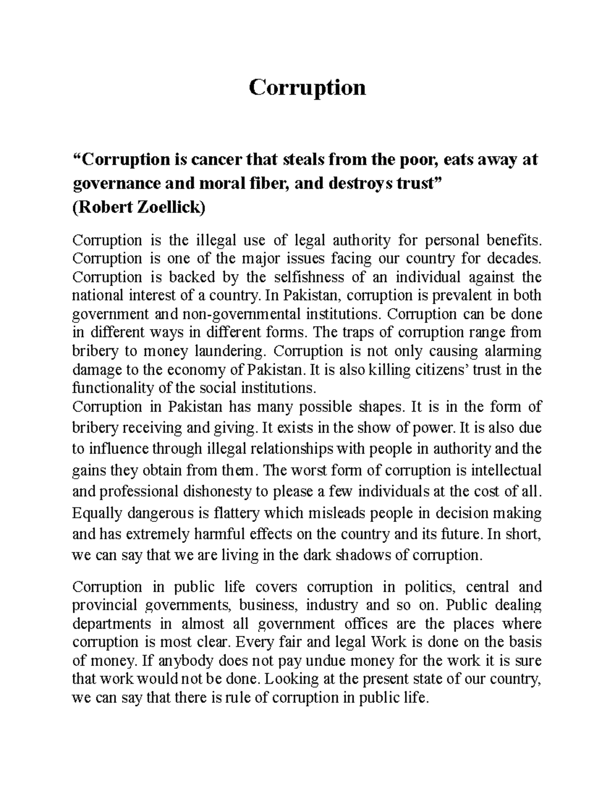 Corruption - Essay - Corruption “Corruption is cancer that steals from ...