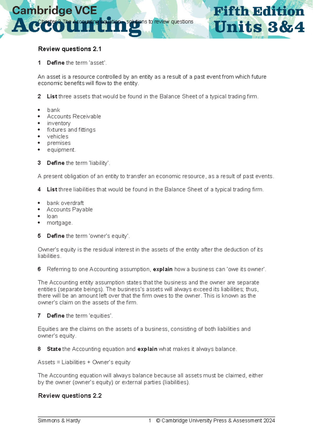Acc34 5e Chapter 2: Solutions to Accounting Equation Review Questions ...