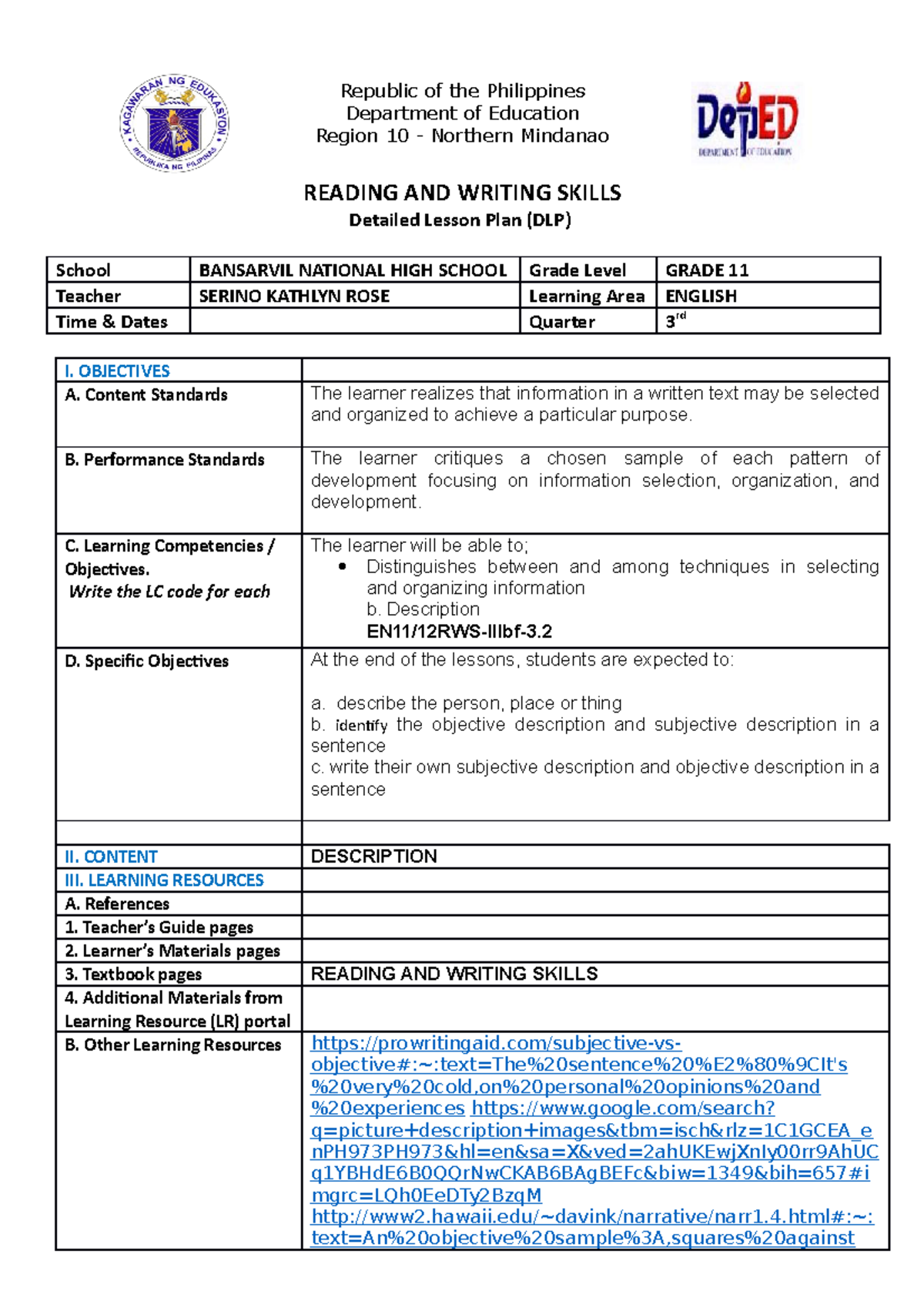 DLP for Grade 11: Reading & Writing Skills Detailed Lesson Plan - Studocu