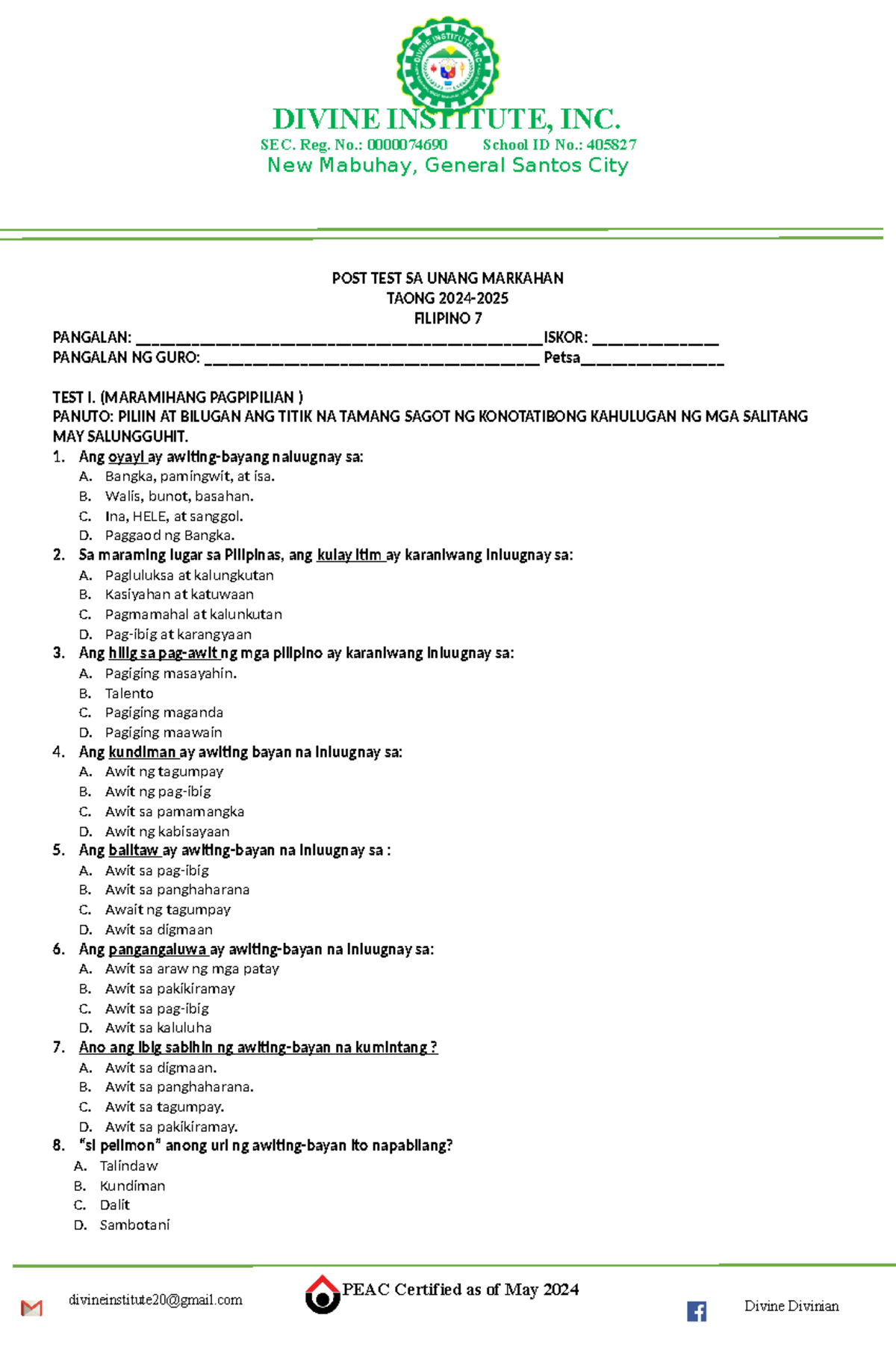 Filipino 7 - summative test - PEAC Certified as of May 2024 SEC. Reg ...