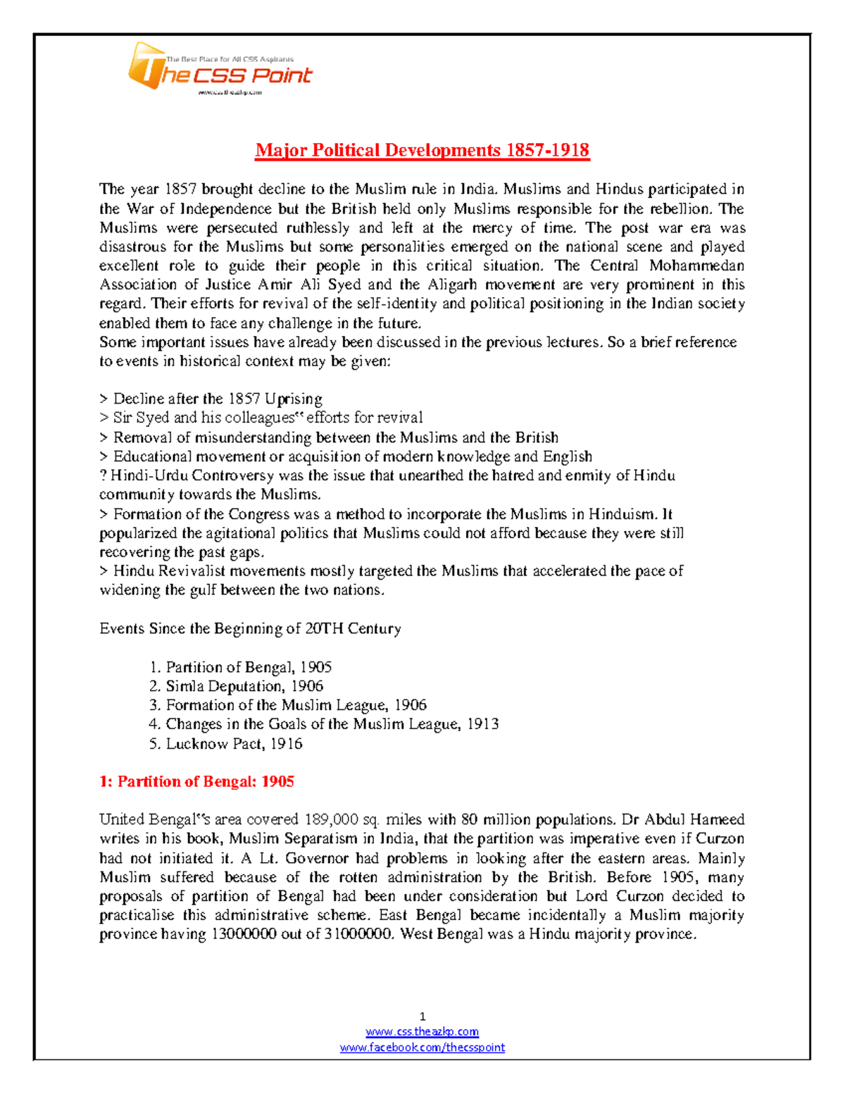 Major Political Developments 1857-1918 - 1 css.theazkp Major Political ...