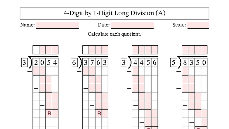 Long Division Practice: 1-Digit Divisor, 4-Digit Dividend - Studocu