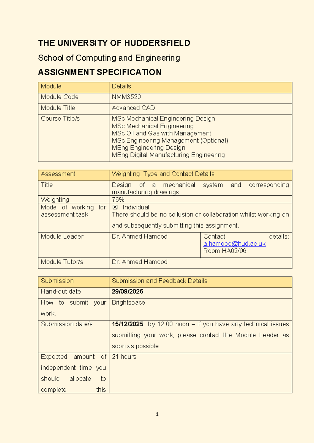 NMM3520 Assignment 2: Design of a Mechanical System & Drawings - Studocu