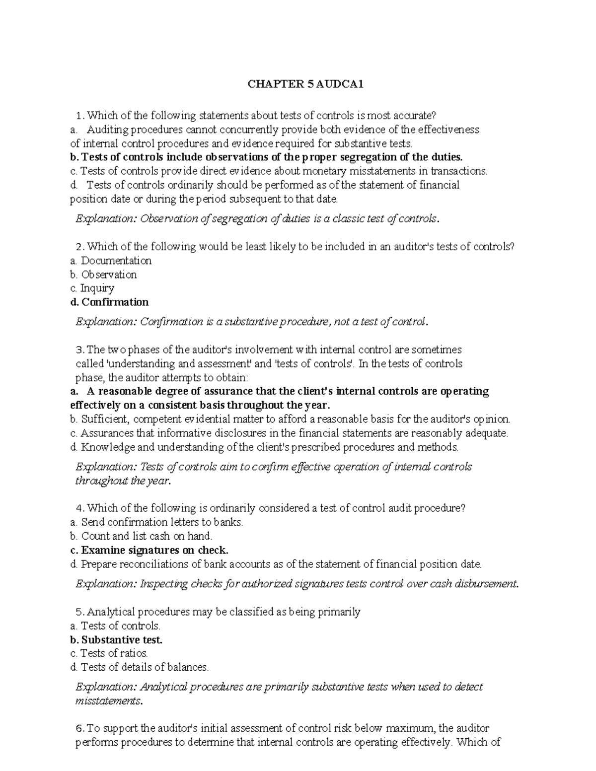CHAPTER 5 & 6 REVIEWER AUDCA1: Tests of Controls and Internal Audit ...