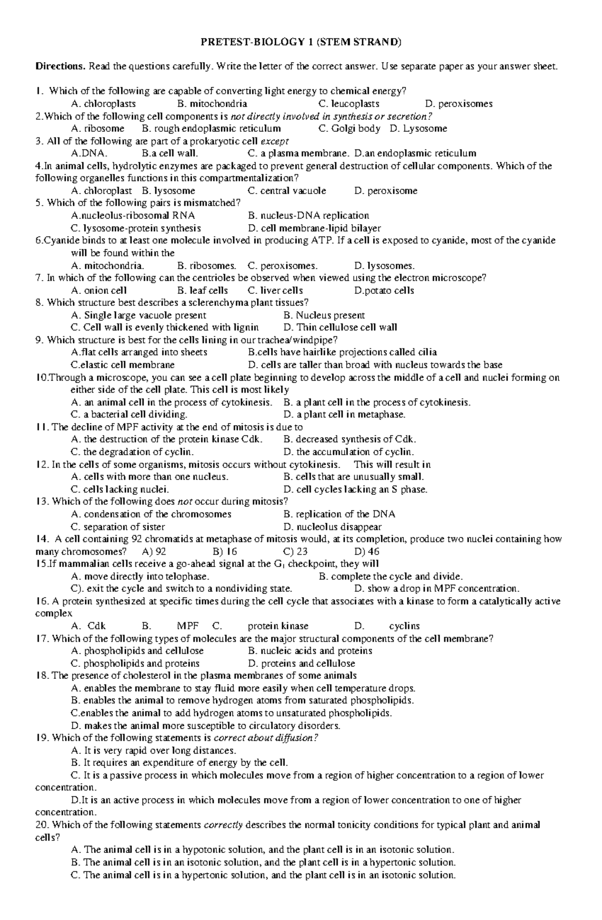 Pretest Biology (STEM STRAND) - Multiple Choice Questions - Studocu