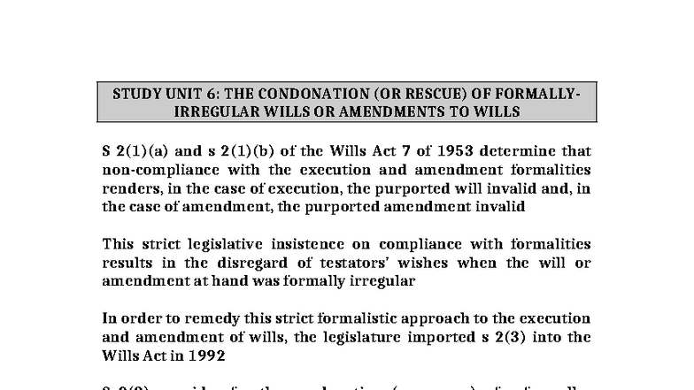 Law of Succession: Study Unit 6 on Condonation of Wills (S 2(3)) - Studocu