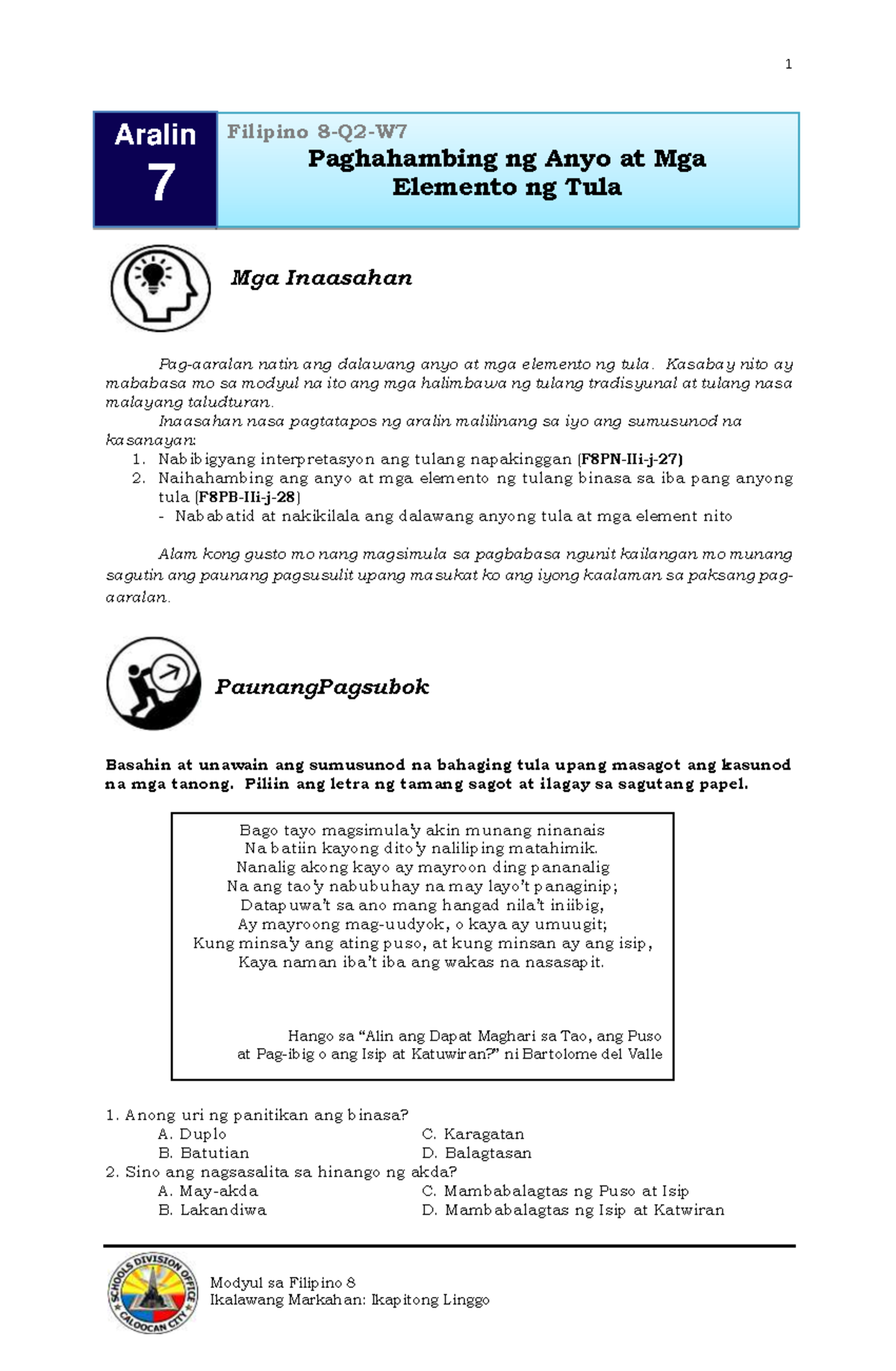 SDO Filipino-8-Q2-Week-7-elemento-ng-tula - Modyul sa Filipino 8 Pag ...