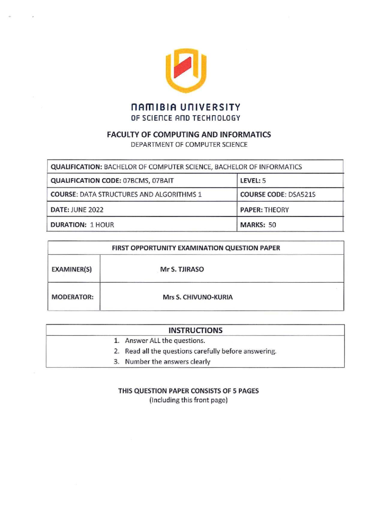 Data Structures and Algorithms 1 (DSA521S) Final Exam Paper - June 2022 - Studocu