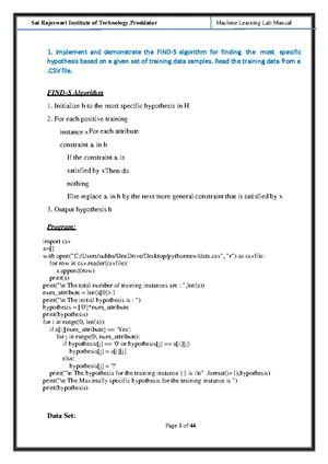 ML LAB Manual R20 1 - S NO LIST OF EXPERIMENT 1 Implement and demonstrate the FIND-S algorithm ...