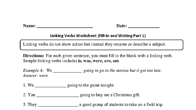 Linking Verbs Worksheet & Writing Part 1 (Intermediate) - Studocu