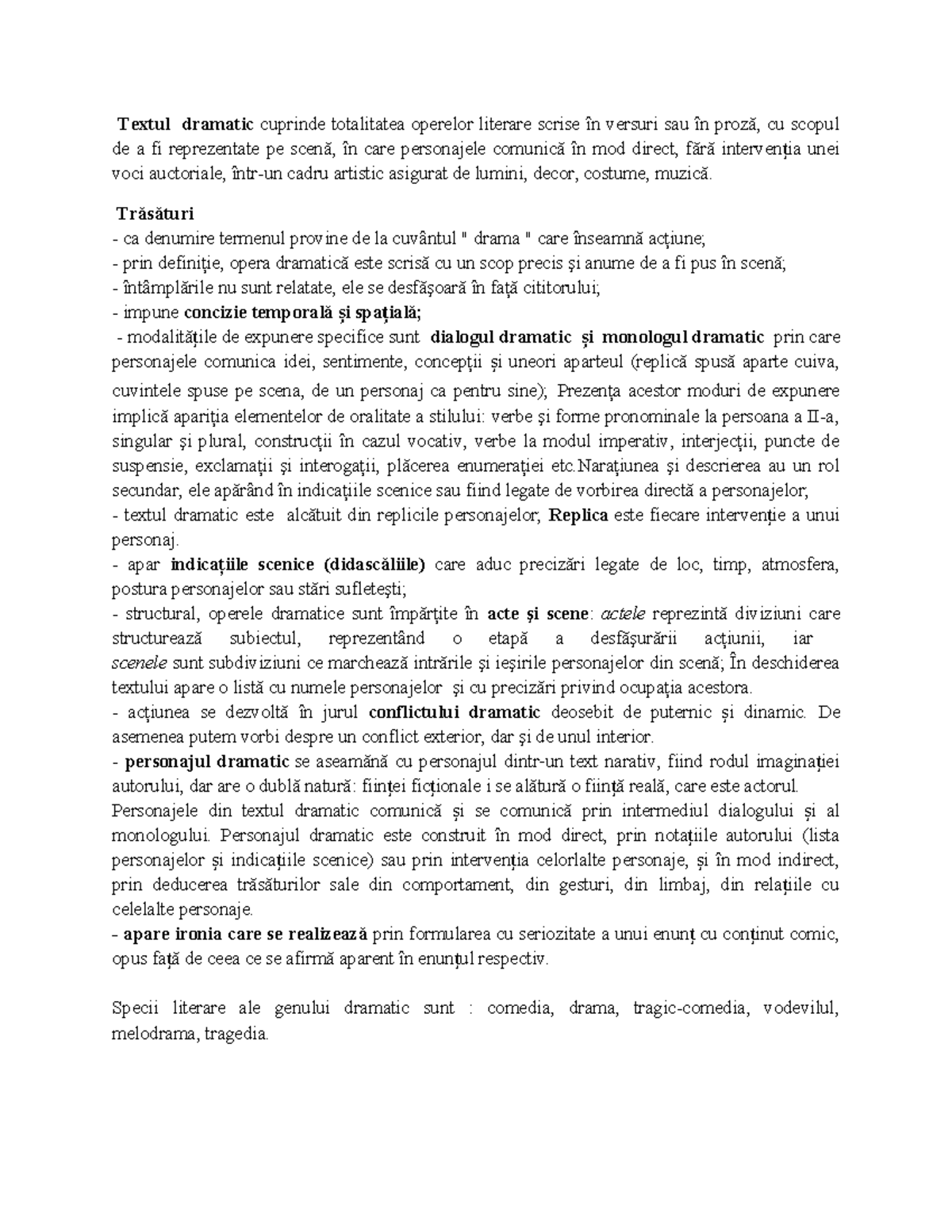 Textul Dramatic: Caracteristici și Specii Literare - 0 1 Text - Studocu