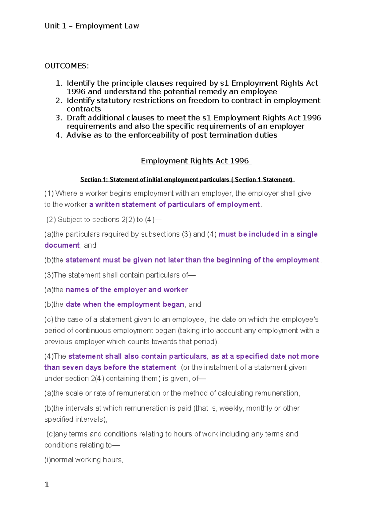 Unit 1 Employment Law: Key Principles and Remedies Explained - Studocu