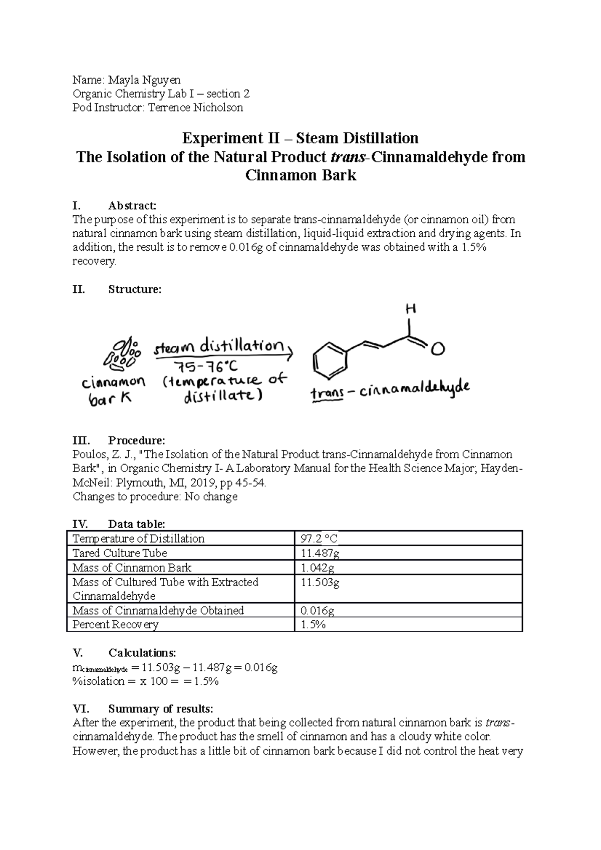 Lab Report 1 - Chem I - Exp II: Steam Distillation of trans ...