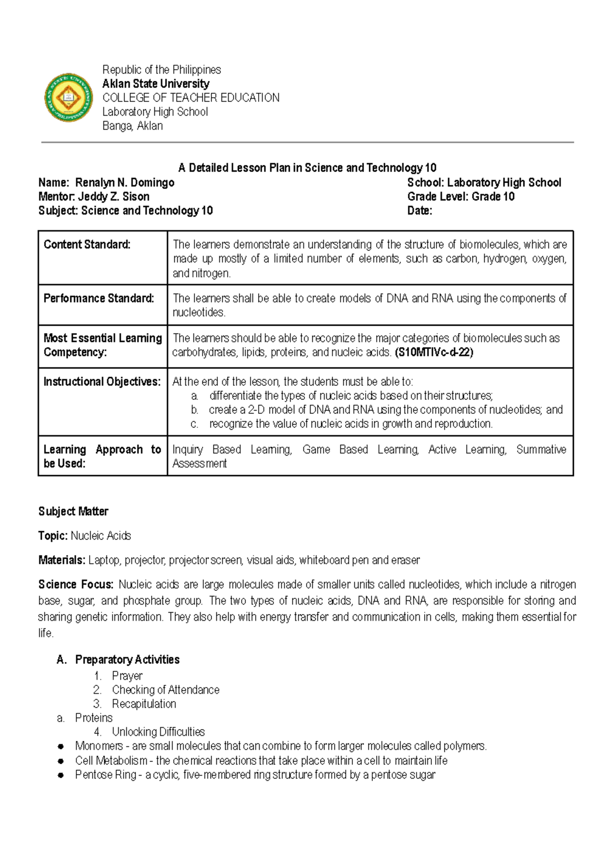 Detailed Lesson Plan: Nucleic Acids in Science and Technology 10 - Studocu