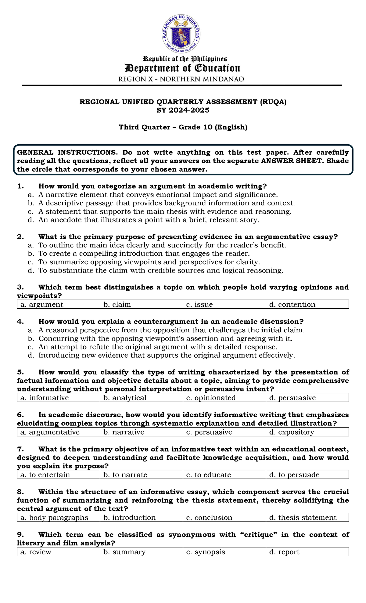 English 10 Q3 - RUQA Final Assessment Instructions and Questions - Studocu