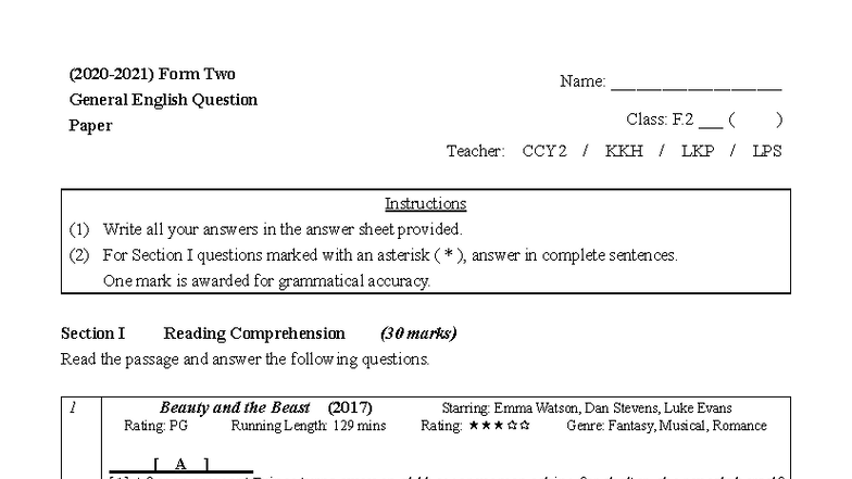 S2 Final Exam 2 - Form 2 English Paper Review and Comprehension - Studocu