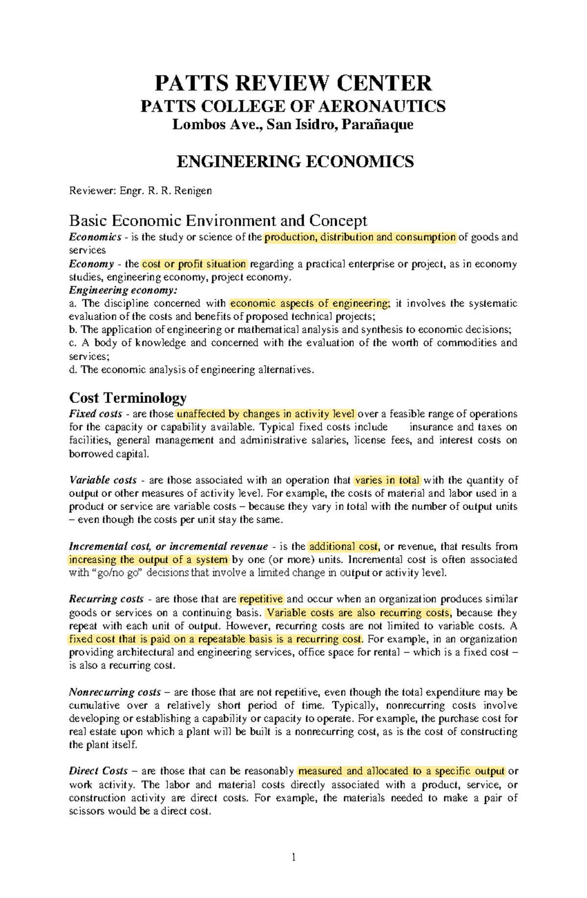 Engineering Economics Review: Key Concepts and Cost Analysis (ENGR 101) - Studocu