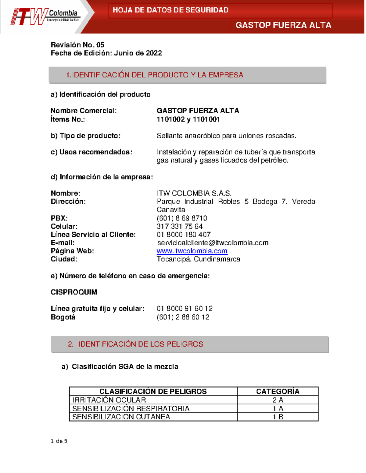 Hoja de Seguridad GASTOP FUERZA ALTA - HS Unifix Revisión 05 - Studocu